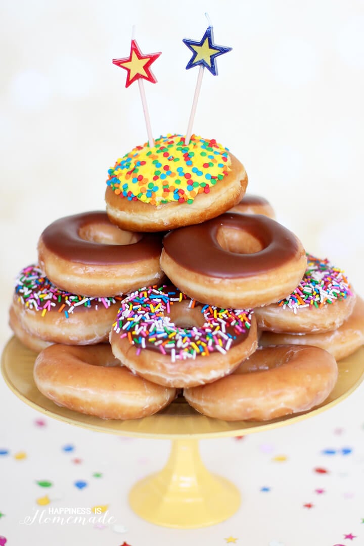 Krispy Kreme Donut Birthday Cake - Happiness is Homemade Krispy Kreme Donut Birthday Cake - Happiness is Homemade